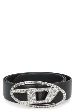 DIESEL® B-1dr Strass Smooth Leather Belt With Silver-tone Buckle - Black