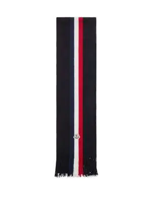 Moncler Monochrome Brioche Stitch Wool Scarf With Tricolour Stripe Fringe - Nero