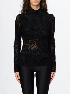Just Cavalli Sheer Tulle Turtleneck Top With Floral Embroidery
