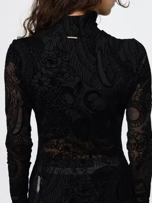 Just Cavalli Sheer Tulle Turtleneck Top With Floral Embroidery