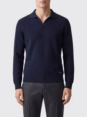 BROOKSFIELD Long-sleeved V-neck Wool Polo Shirt With Ribbed Trims