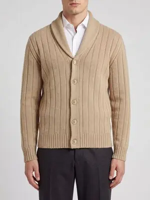 Brunello Cucinelli Pure Cashmere Shawl Collar Cardigan With Buttons - Camel