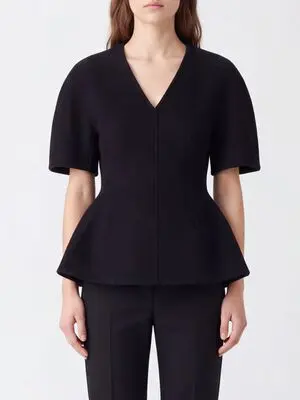 LISA YANG V-neck Wool And Cashmere Short-sleeve Top With Ruffles - Black