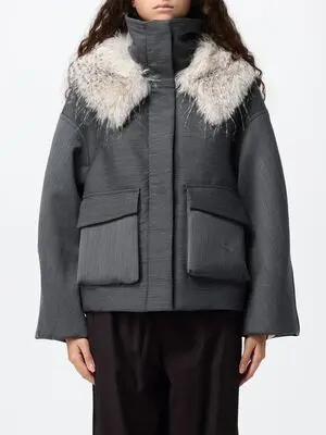 TELA Short Coat In Virgin Wool Blend With Fur Collar - Grey