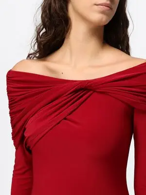 ELEH Long-sleeved Evening Sheath Gown In Stretch Jersey With A Straight Neckline - Red