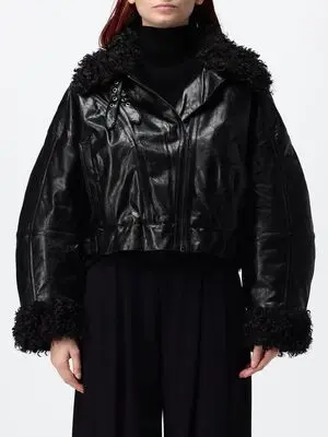 ELEH Faux Leather Bomber Jacket With Faux Fur Collar And Cuffs - Black