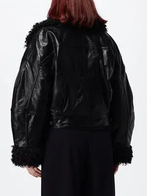 ELEH Faux Leather Bomber Jacket With Faux Fur Collar And Cuffs
