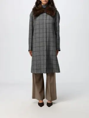 TELA Check Long Coat In Pure Virgin Wool With Fur Collar