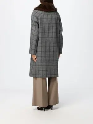 TELA Check Long Coat In Pure Virgin Wool With Fur Collar
