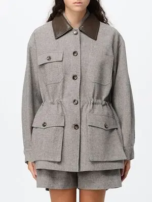 ELEH Cropped Wool Blend Jacket With Leather Collar - Grey