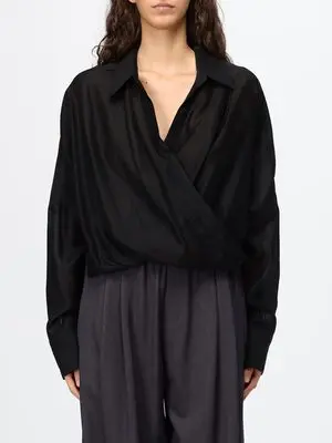 ELEH Relaxed Fit V-neck Crêpe Blouse With Long Sleeves And A Classic Collar - Black