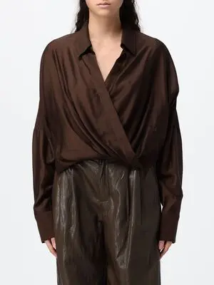ELEH Relaxed Fit V-neck Crêpe Blouse With Long Sleeves And A Classic Collar - Dark