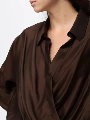 ELEH Relaxed Fit V-neck Crêpe Blouse With Long Sleeves And A Classic Collar - Dark