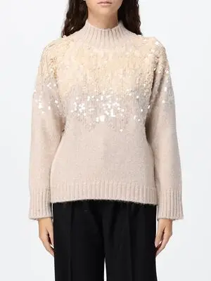 Liu Jo Wool Mock Neck Jumper With Sequin Embroidery - Sand