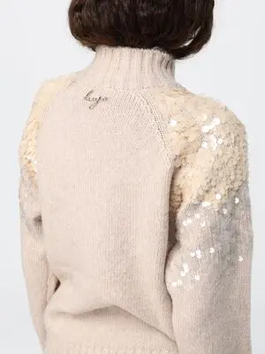Liu Jo Wool Mock Neck Jumper With Sequin Embroidery - Sand