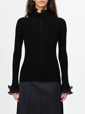 Liu Jo Slim Fit Wool Mock Neck Jumper With Ruffles And Flared Cuffs - Black