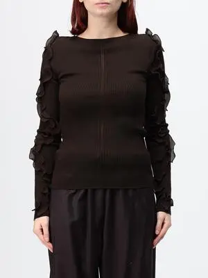 Liu Jo Slim Fit Wool-blend Crewneck Jumper With Ruffles - Brown