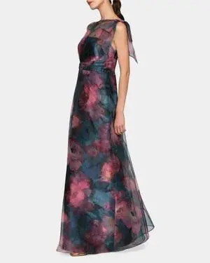 KAY UNGER Jocelyn Poppy Print Chiffon A-line Gown