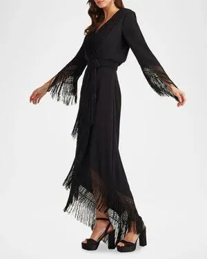 Tadashi Shoji Fringe-trim Draped Crepe Maxi Dress