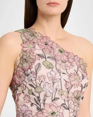 Rickie Freeman For Teri Jon One-shoulder Embroidered Tulle Gown
