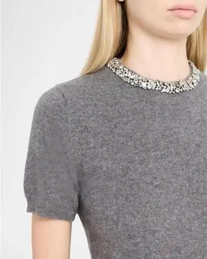 Neiman Marcus Cashmere Crystal-trim Sweater - Heather Gr
