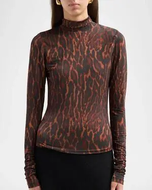 GANNI Printed Shiny Jersey Turtleneck Top - Rawhide