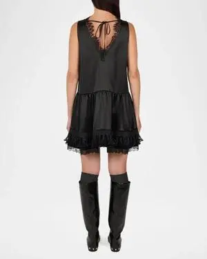 GANNI Fluid Satin V-neck Lace Mini Dress