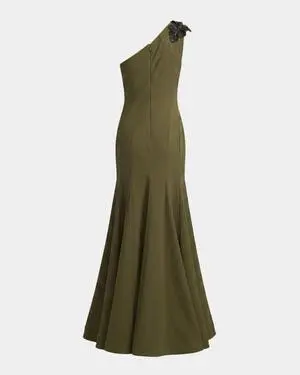 Mac Duggal Seamed Crepe One-shoulder Gown - Olive