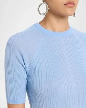 Veronica Beard Brielle Short-sleeve Pointelle Wool Sweater - Blue Jay