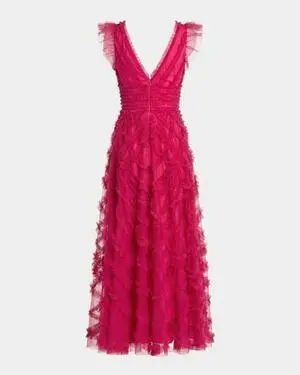 Mac Duggal Ruffled Mesh Midi Dress - Fuchsia