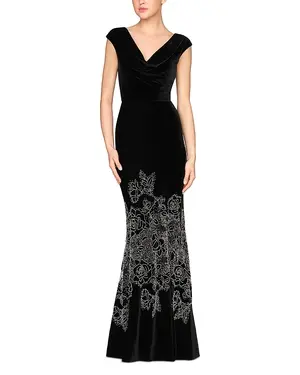Theia Ophelia Beaded Stretch Velvet Gown - Black/silver