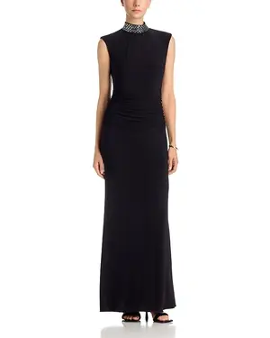 Aqua Beaded Mock Neck Gown Exclusive
