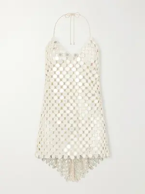 YOSHITA 1967 Abla Embellished Cotton Crochet-knit Halterneck Mini Dress - Neutrals