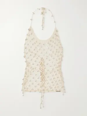 YOSHITA 1967 Lilian Embellished Cotton Crochet-knit Halterneck Top - Neutrals