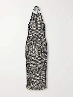 YOSHITA 1967 Jhanjar Embellished Cotton Crochet-knit Halterneck Midi Dress - Black