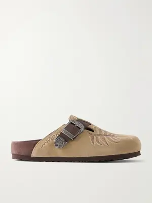 Etro Birkenstock Boston Embroidered Leather-trimmed Suede Slip-ons - Brown
