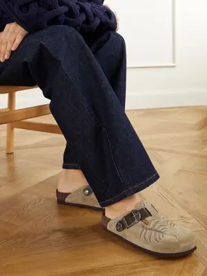 Etro Birkenstock Boston Embroidered Leather-trimmed Suede Slip-ons