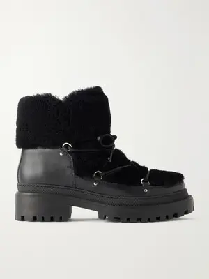 YVES SALOMON Lace-detailed Shearling-trimmed Leather Ankle Boots - Black