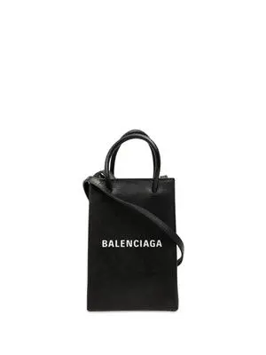 Balenciaga 2018-2026 Mini Calfskin Logo Shopping Phone Holder Satchel - Black