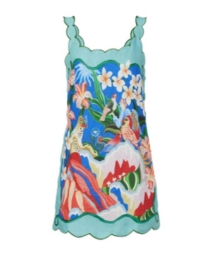Farm Rio Garden Printed Scalloped Linen Minidress - Blue