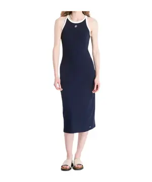 Tommy Hilfiger Contrast-trim Logo-embroidered Cotton Midi Dress - Blue