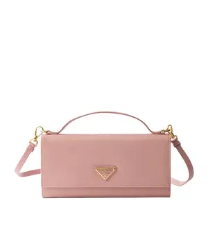 Prada Saffiano Leather Wallet With Shoulder Strap Peach