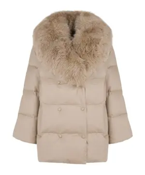 YVES SALOMON Long Double-breasted Down Jacket In Fabric With Detachable Fox Fur Collar