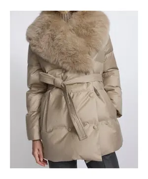 YVES SALOMON Long Double-breasted Down Jacket In Fabric With Detachable Fox Fur Collar