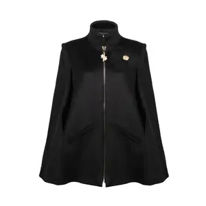 LAINES LONDON Laines Couture Wool Blend Zip Cape With Embellished Organza Corsage - Black