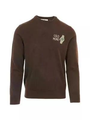 MC2 SAINT BARTH Heron Light Wool And Cashmere Blend Crewneck Sweater With Gold Money Embroidery - Brown