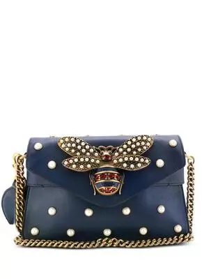 Gucci Broadway Pearly Bee Embellished Leather Mini Shoulder Bag - Blue