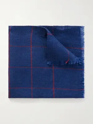 Anderson & Sheppard Frayed Checked Cashmere-twill Pocket Square - Blue