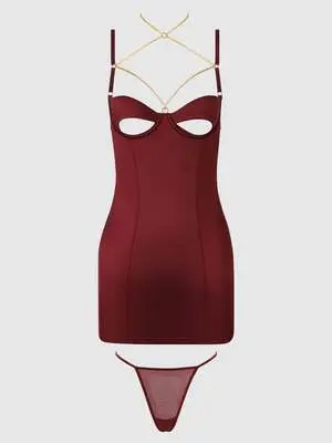 Frederick's Of Hollywood Emery Liquid Satin & Chain Open Cup & Back Chemise Set - Cabernet