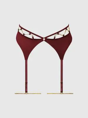Frederick's Of Hollywood Emery Liquid Satin & Chain Thigh Garter Belt - Cabernet